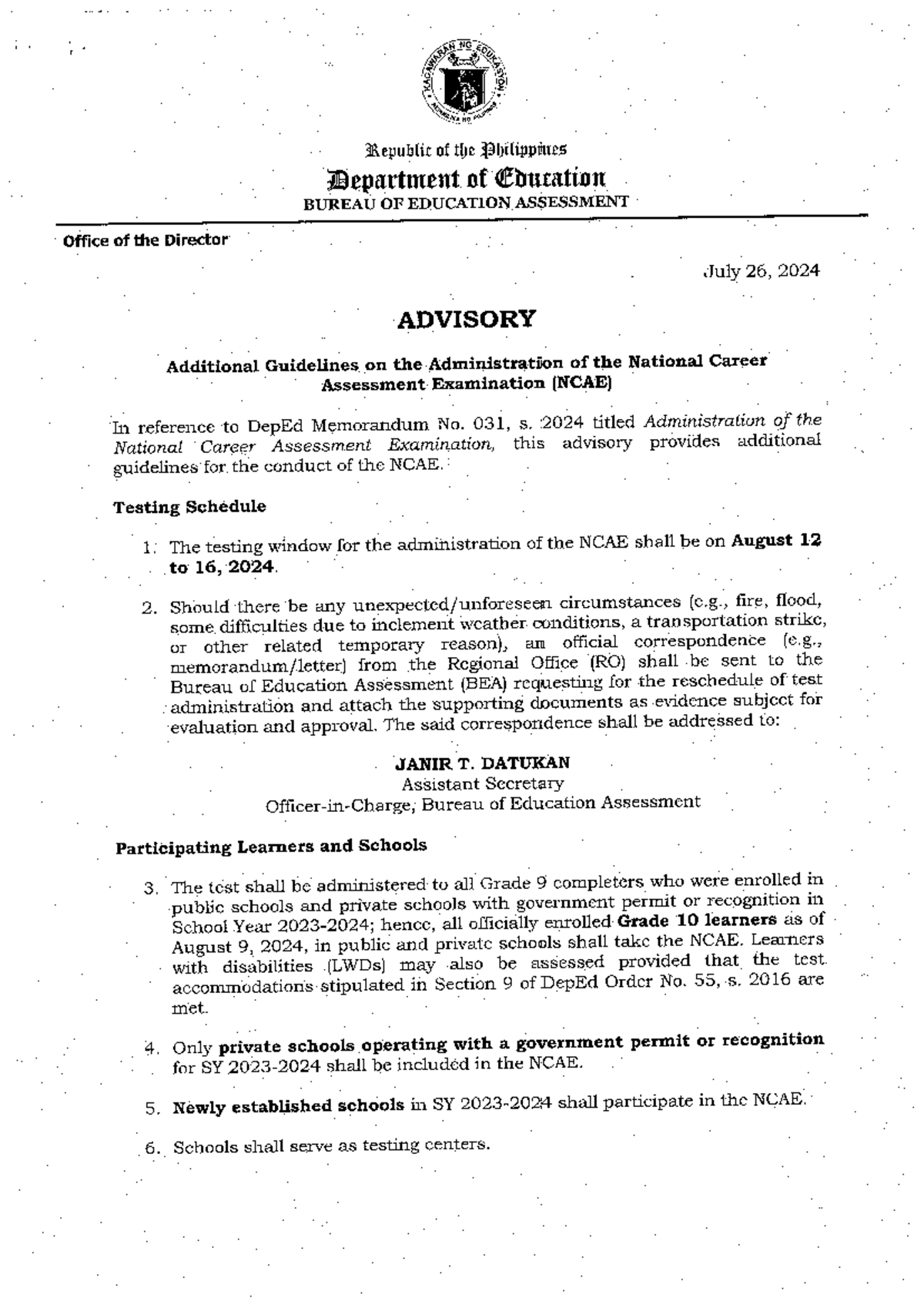 Advisory Guidelines ON THE Advisory OF THE NCAE 2 - NG UNIVERSITY ...