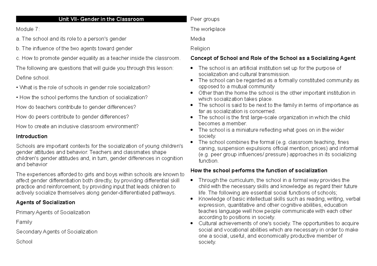 GEC ELEC 3 Unit 7 Soft copy - Unit VII- Gender in the Classroom Module ...