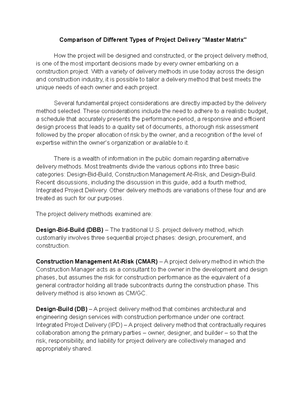 Assignment 4 - Comparison of Different Types of Project Delivery ...