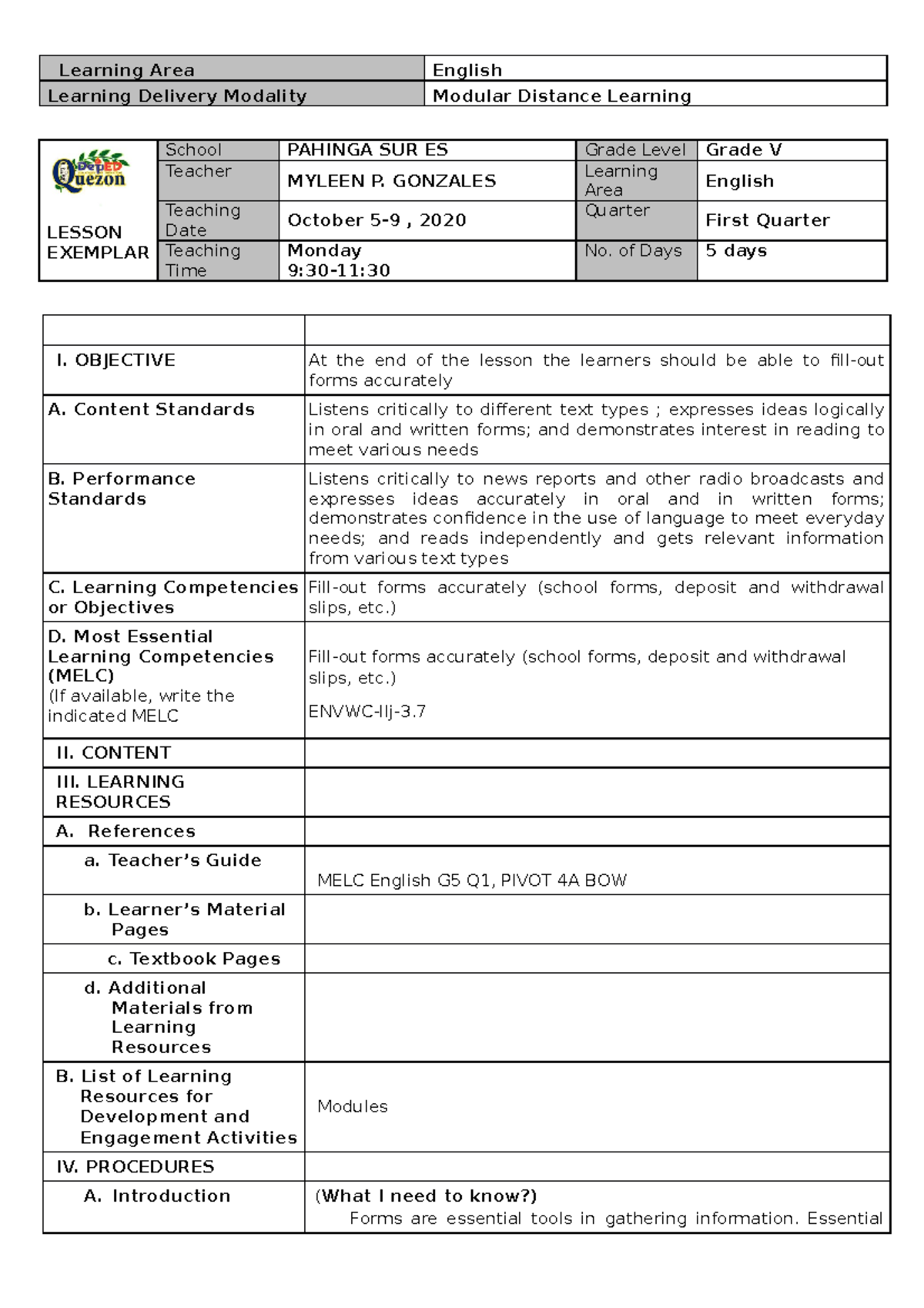 LE English 5-M1-WK1 - cot lessons - Learning Area English Learning ...