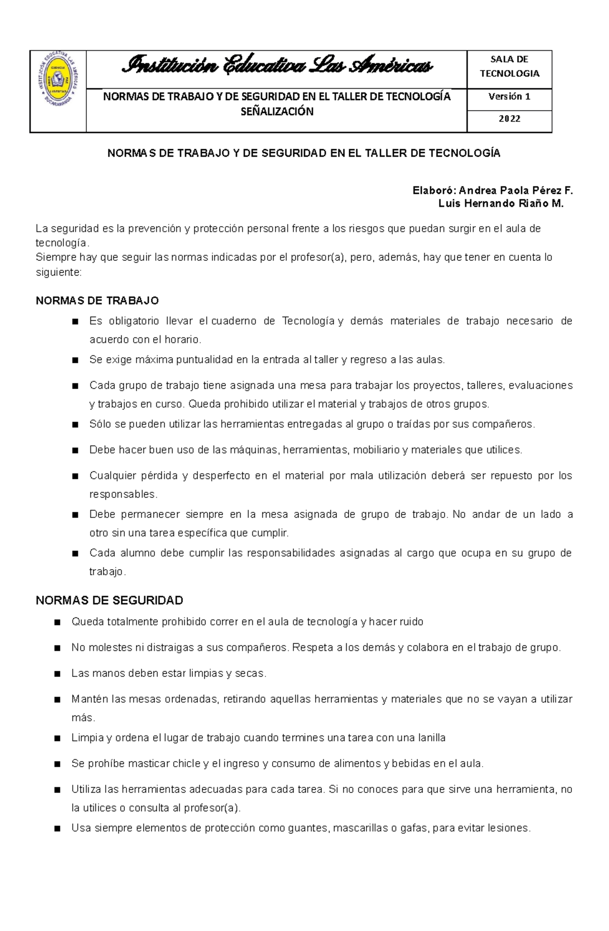 1- Normas DE Seguridad Tec - Institución Educativa Las Américas SALA DE ...