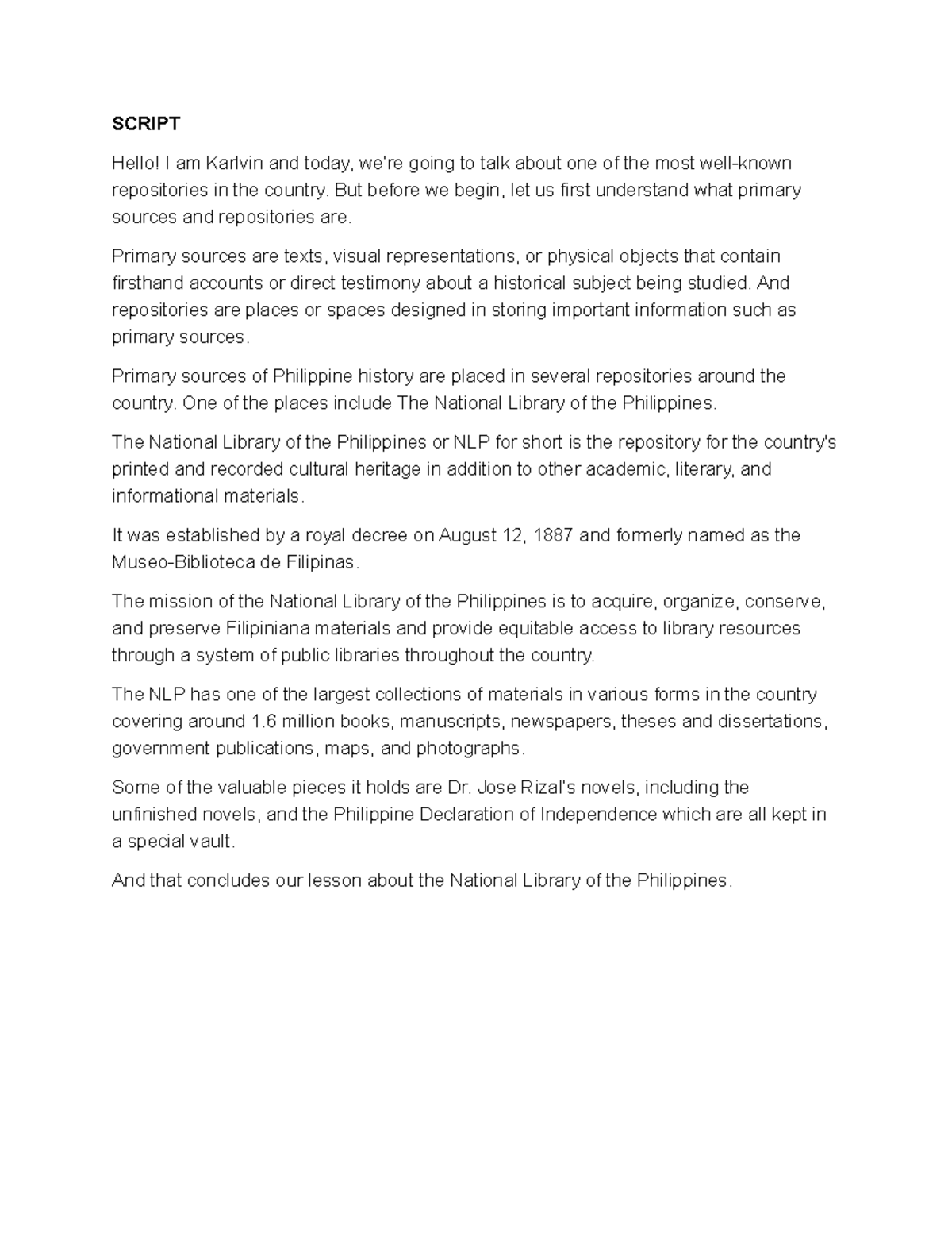 National Library of the Philippines - Script - SCRIPT Hello! I am ...