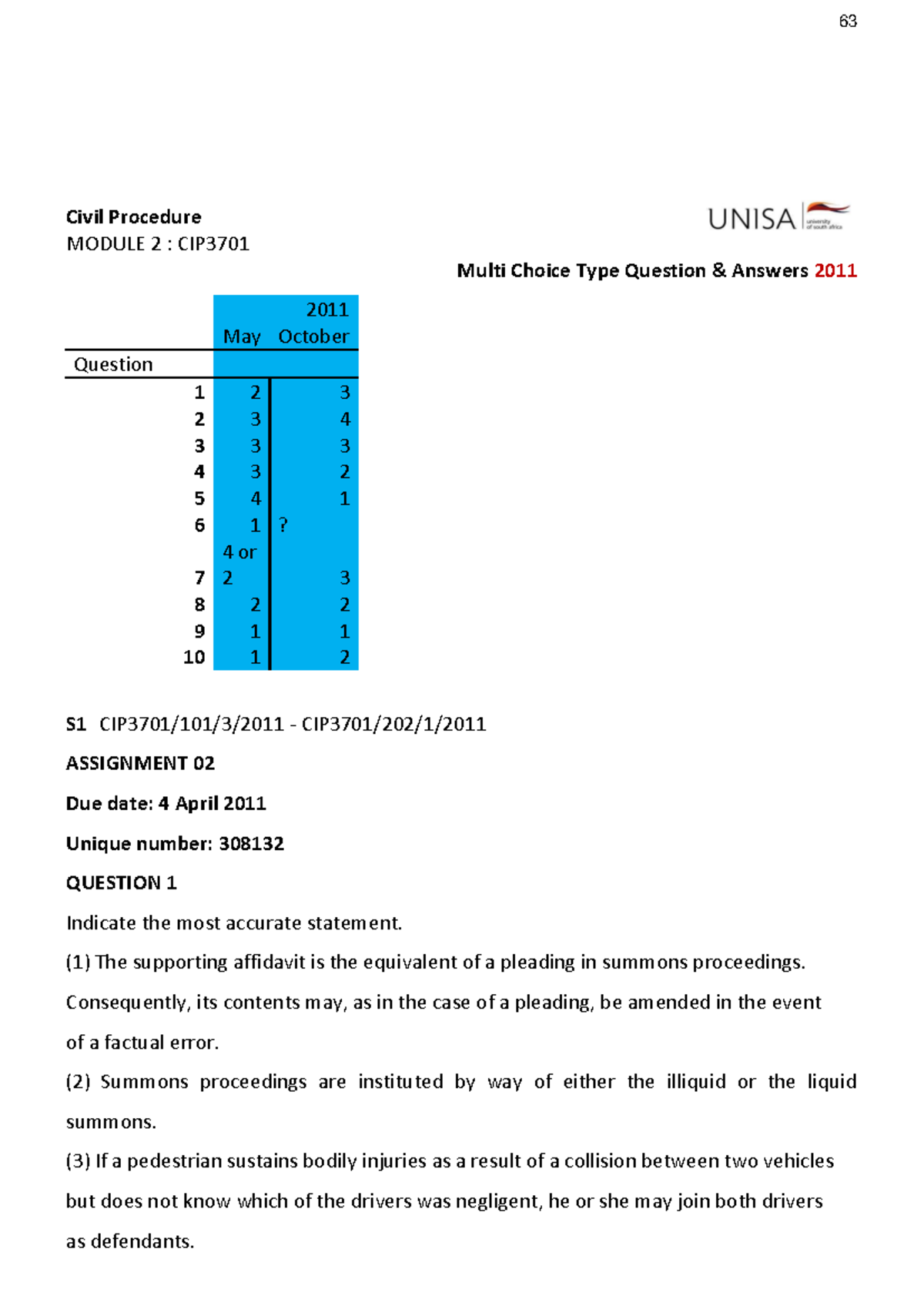 Mcq a combined cip3701-63-69 - Civil Procedure MODULE 2 : CIP Multi ...