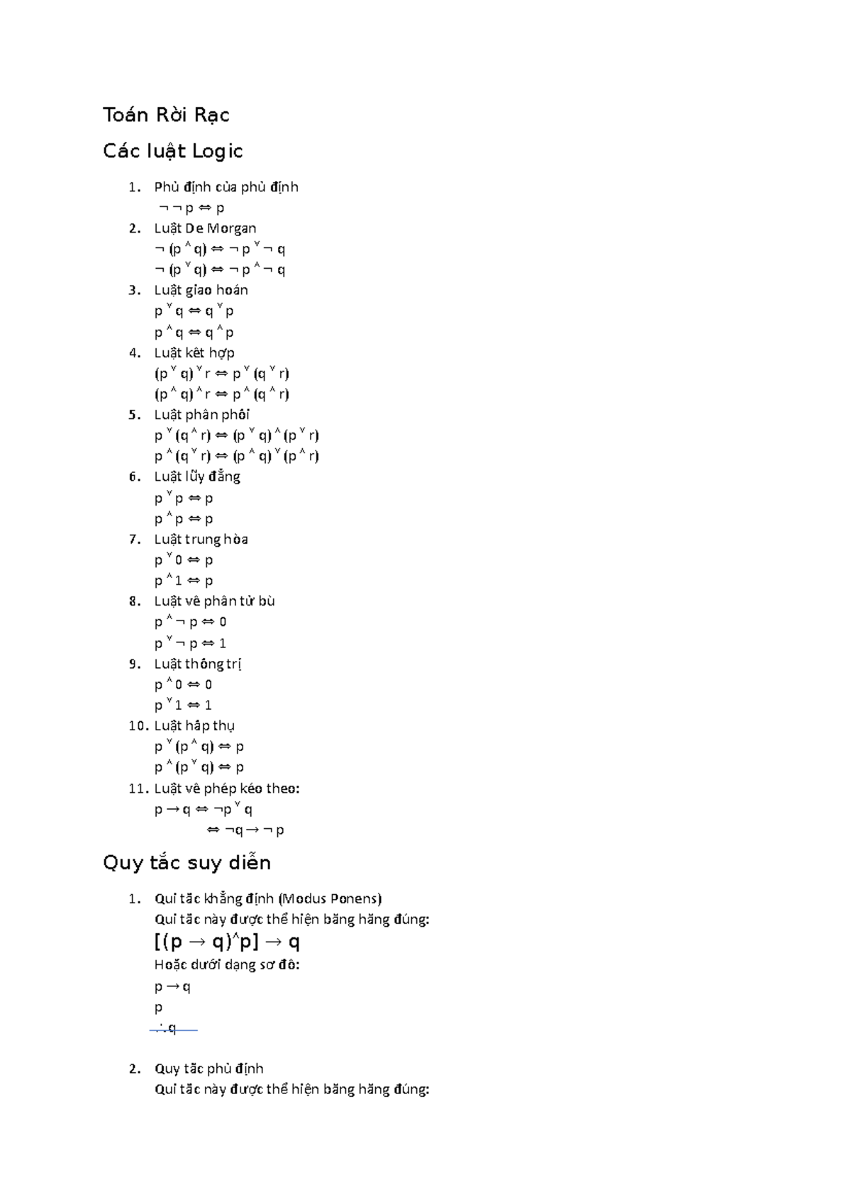 Toán Rời Rạc - Tổng hợp các luật, và quy tắc - Toán Rời Rạc Các luật Logic Ph ủ đ nh c a phị ủ ủ ...