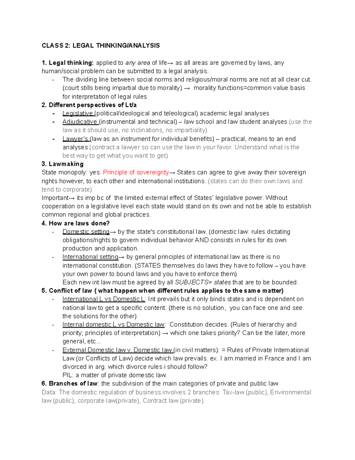 Summary LAW - complete - CLASS 2: LEGAL THINKING/ANALYSIS Legal ...