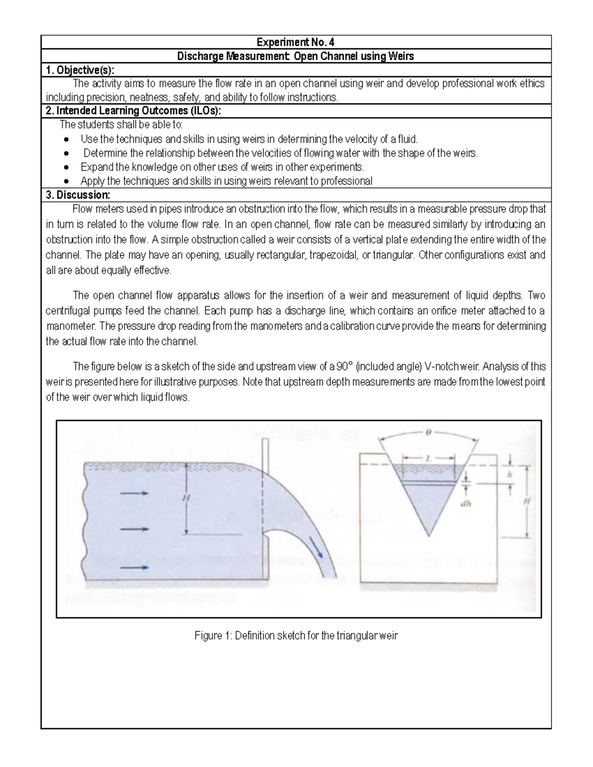 Experiment 4. Discharge Measurements - Open Channel using Weirs ...