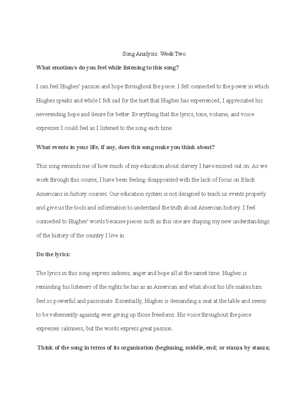 Song Analysis Week Two - Song Analysis: Week Two What emotion/s do you ...