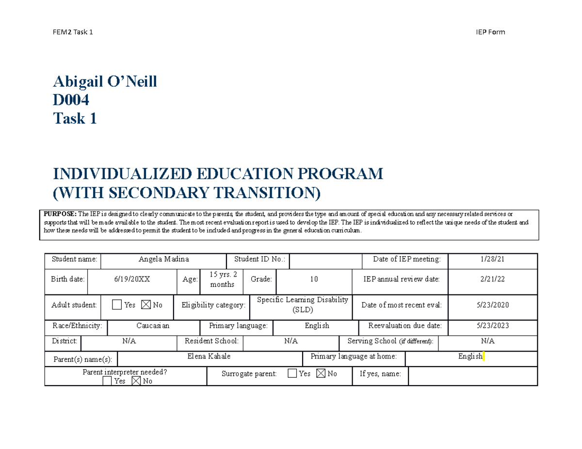 D004 Task 1 IEP - Task 1 iep. No revisioned needed on this - Abigail O’Neill D Task 1 ...