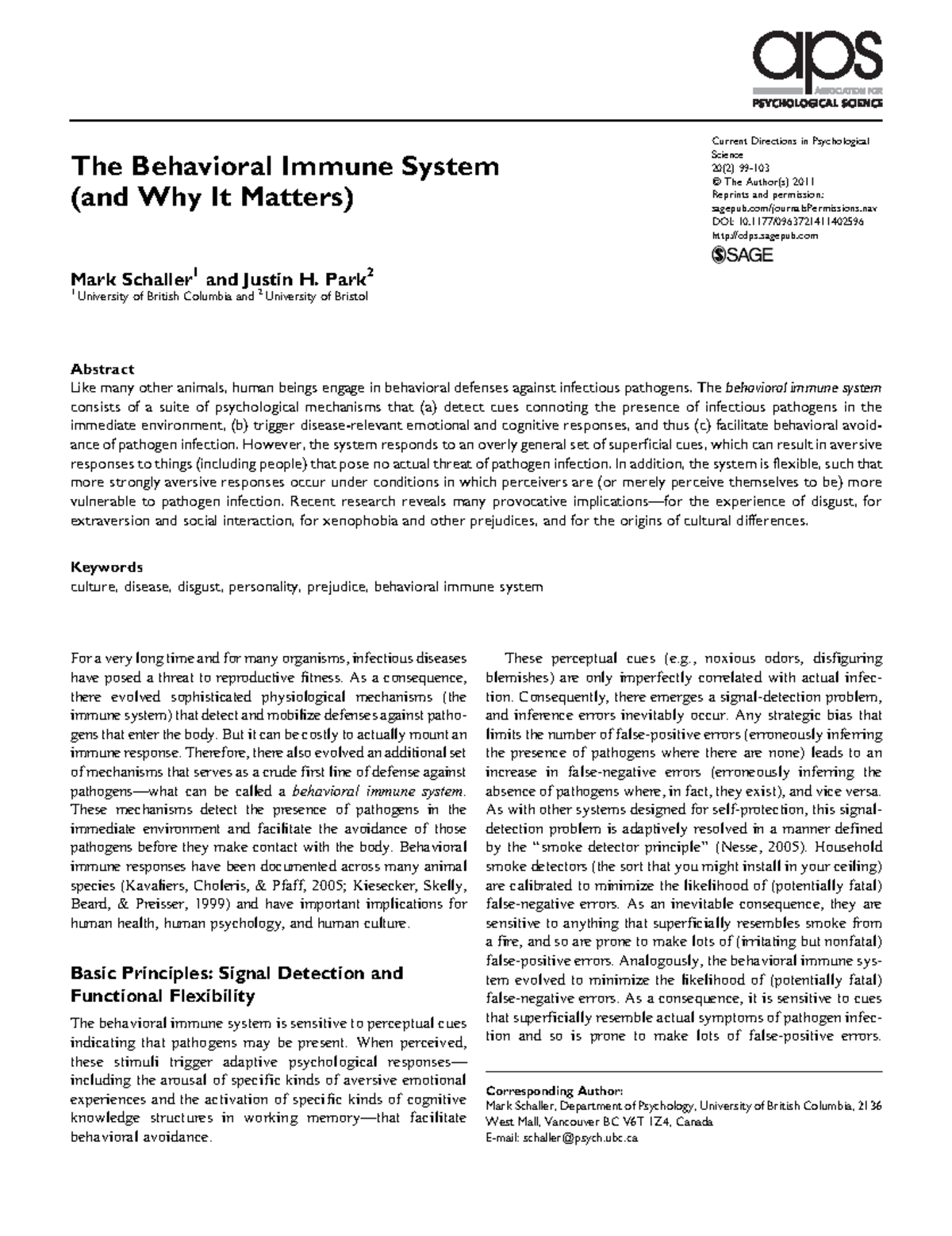 Schaller 2011 - reading - The Behavioral Immune System (and Why It ...