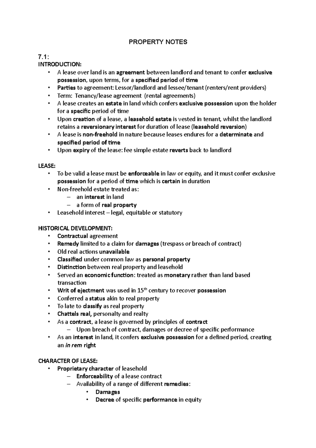 Property Notes 7 - PROPERTY NOTES 7: INTRODUCTION: A lease over land is ...