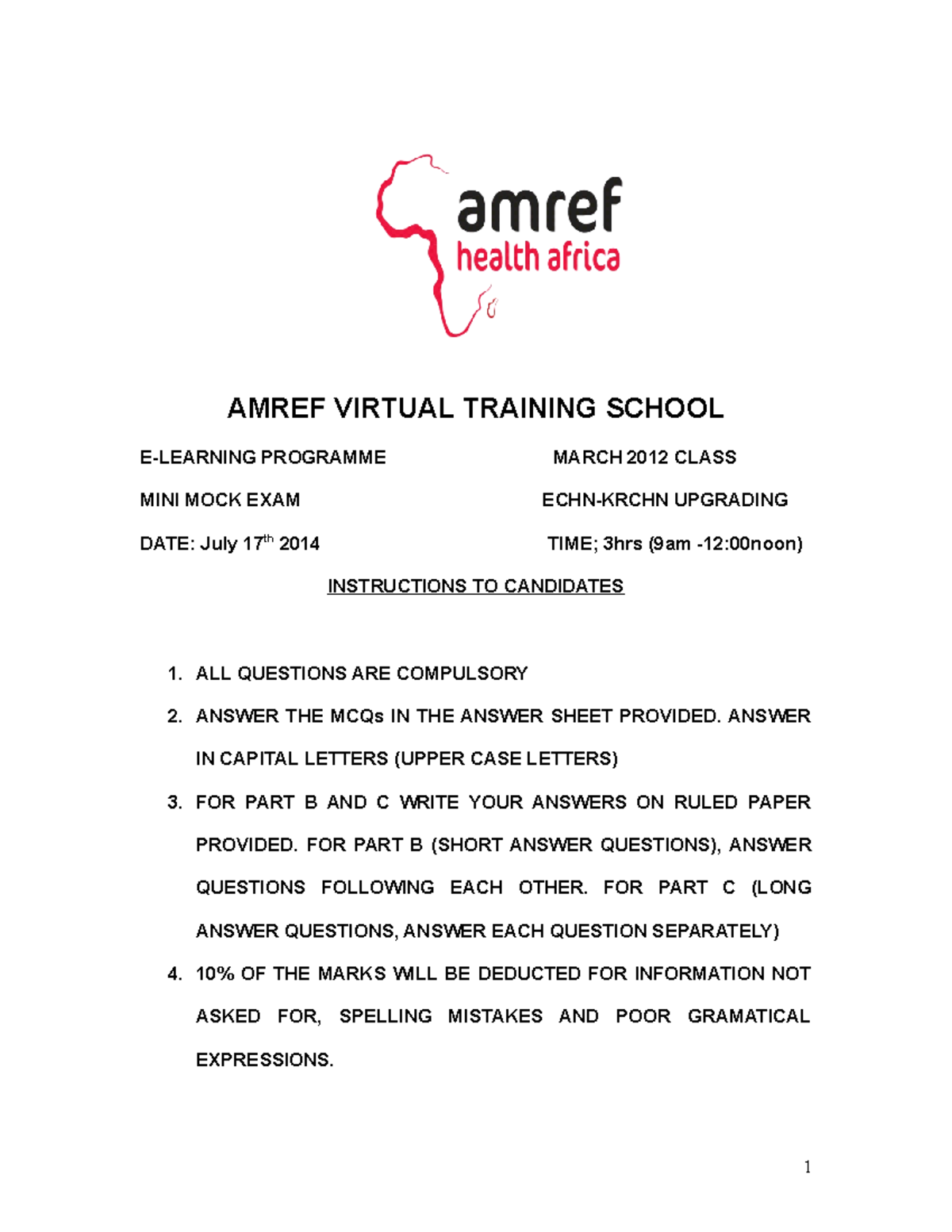 Mini Mock Paper 1 - nursing exam sample - AMREF VIRTUAL TRAINING SCHOOL ...