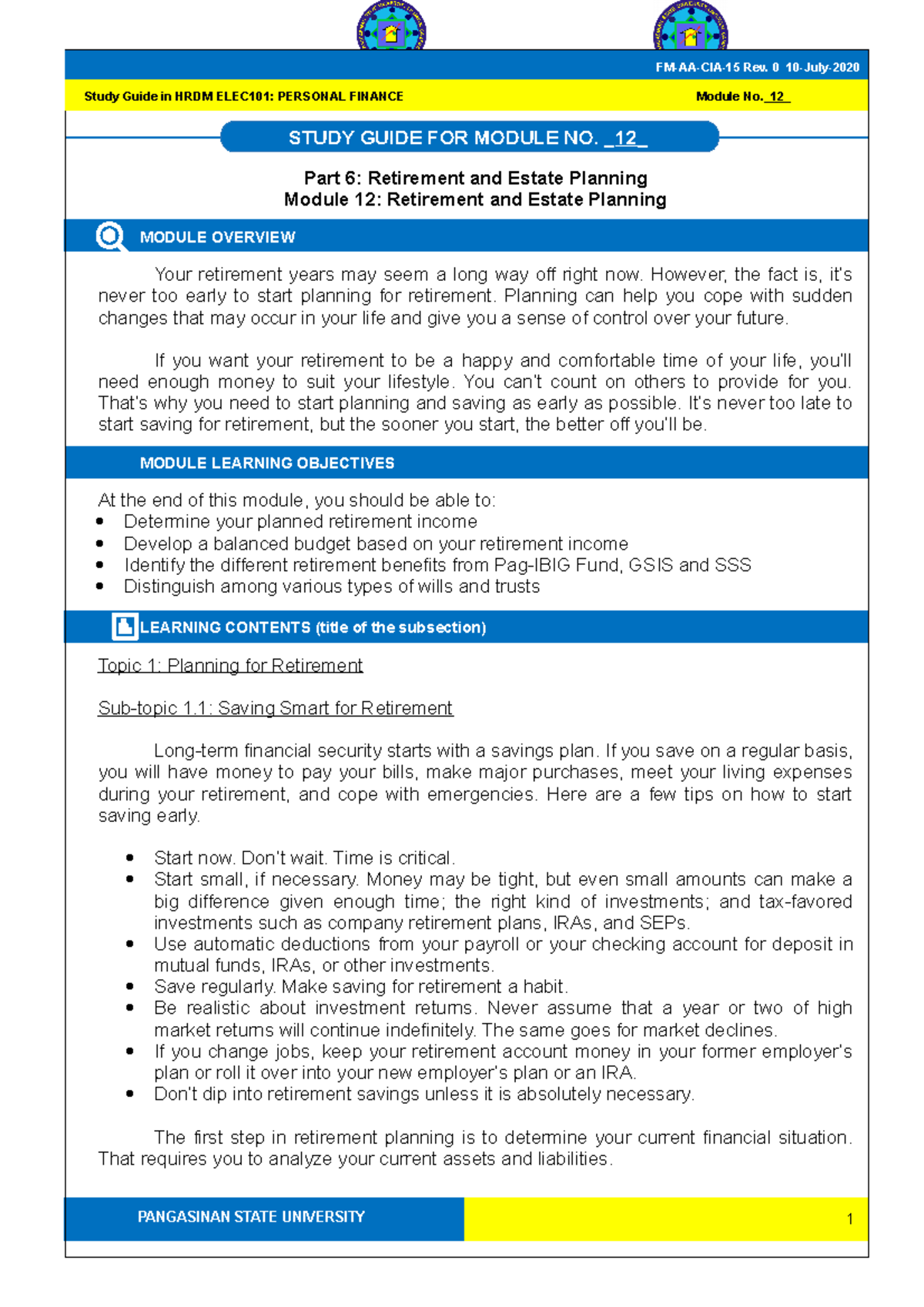 CIA15 study guide 12 personal finance - PANGASINAN STATE UNIVERSITY ...