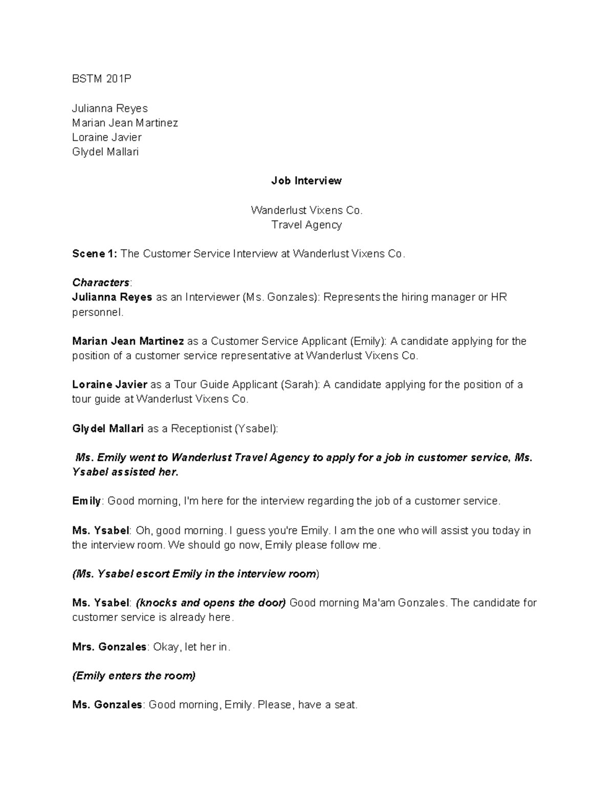 Purcom script - BSTM 201P Julianna Reyes Marian Jean Martinez Loraine ...