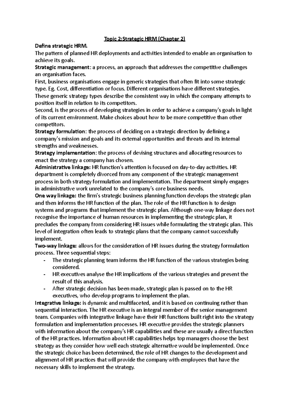 Human Resource management Summaries - Topic 2:Strategic HRM (Chapter 2 ...