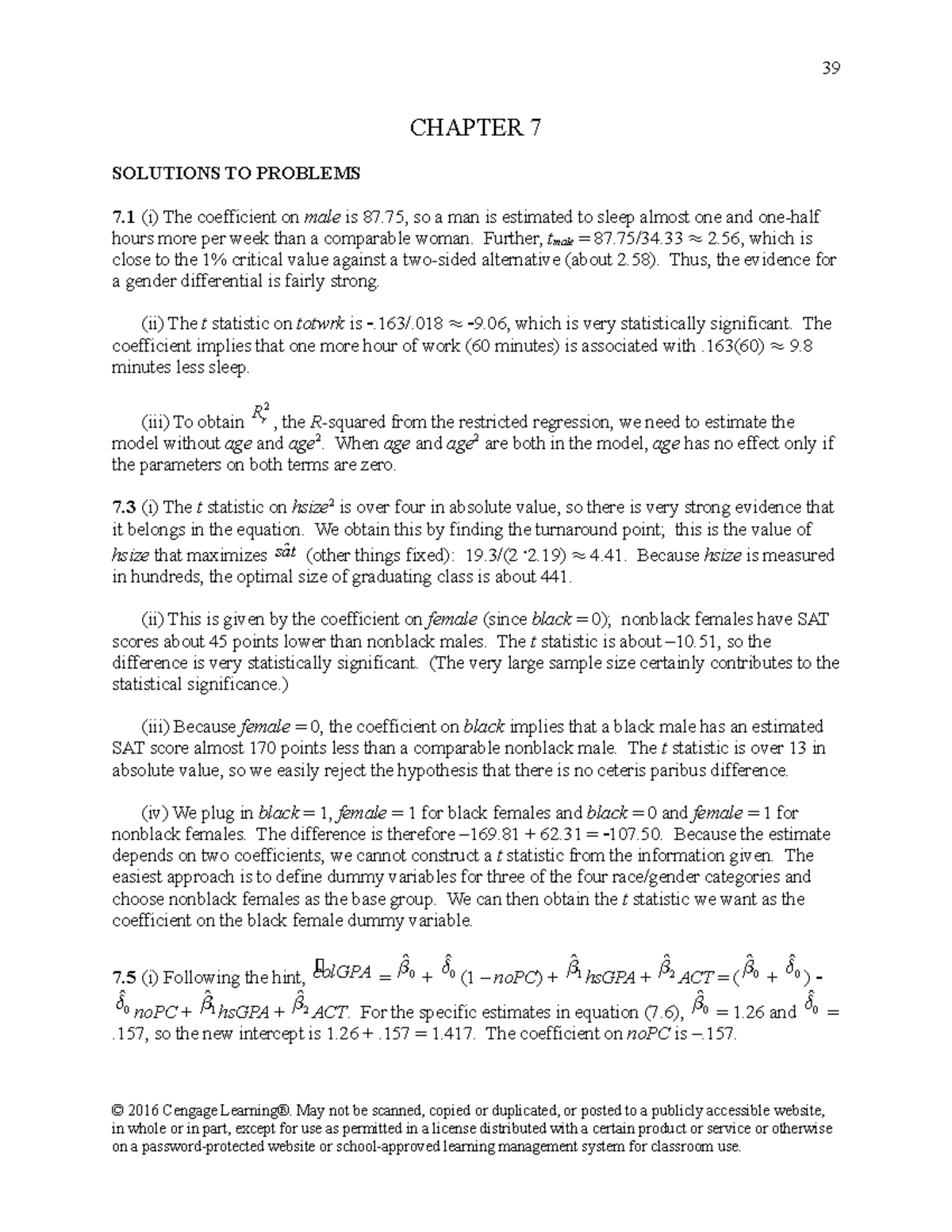 Wooldridge 6e Ch07 Econometrics - CHAPTER 7 SOLUTIONS TO PROBLEMS 7(i) The coefficient on male ...