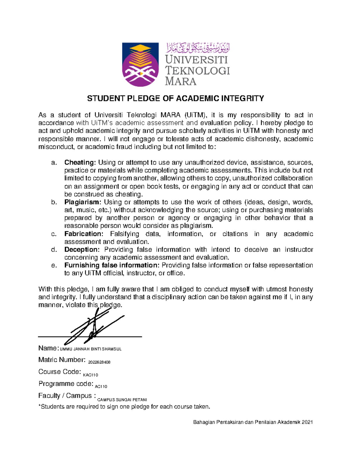 UED - UED study skill - STUDENT PLEDGE OF ACADEMIC INTEGRITY As a ...