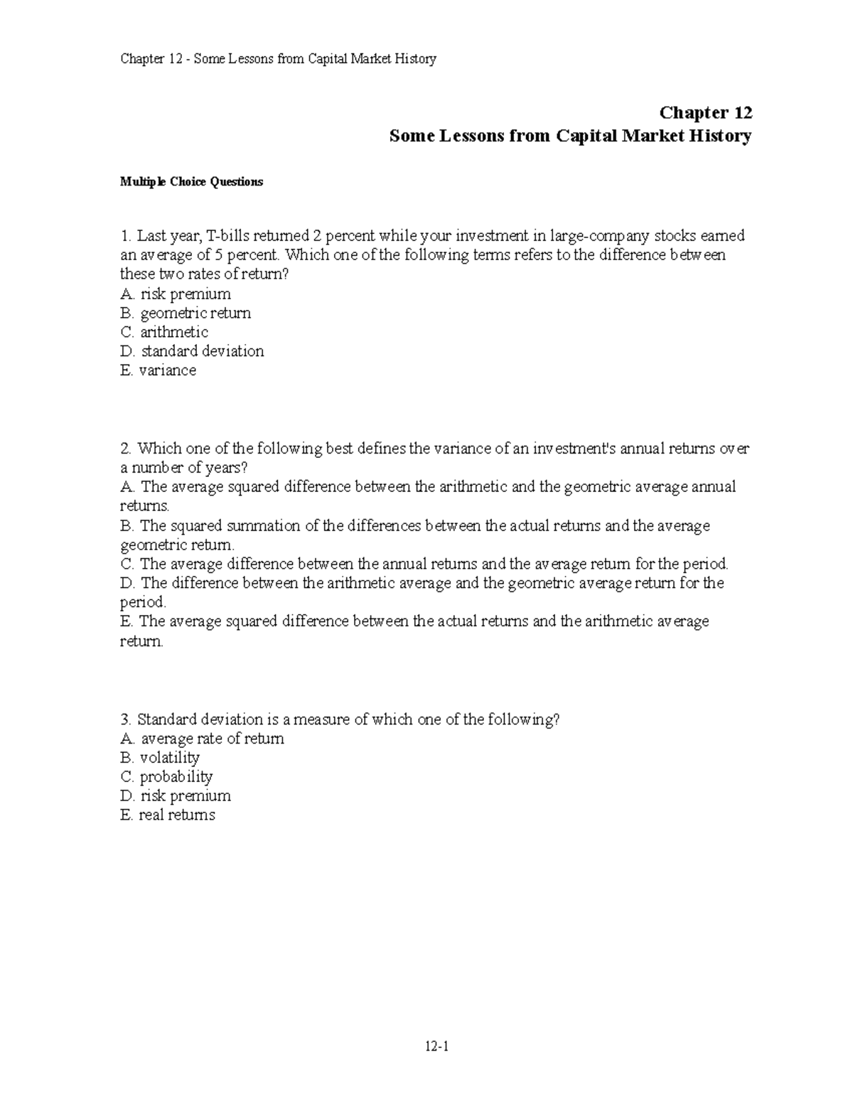 Chap012 Test Bank - Chapter 12 Some Lessons from Capital Market History ...