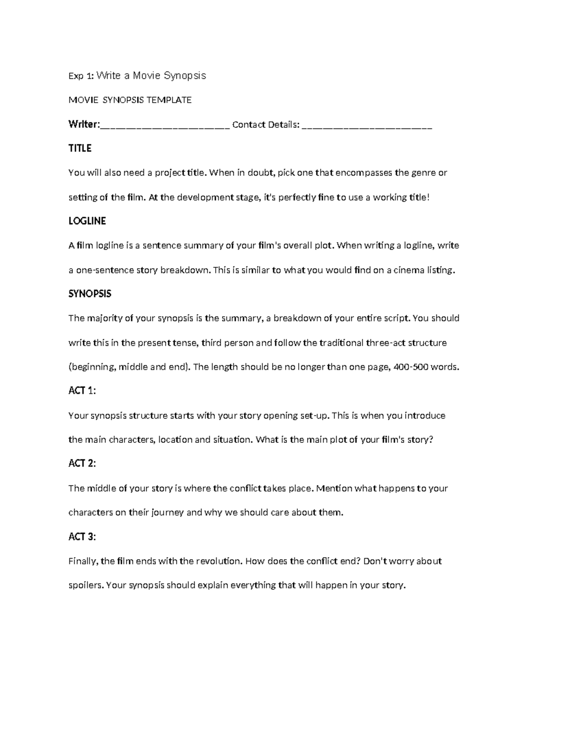 VC & E Lab - Exp 1: Write a Movie Synopsis MOVIE SYNOPSIS TEMPLATE ...