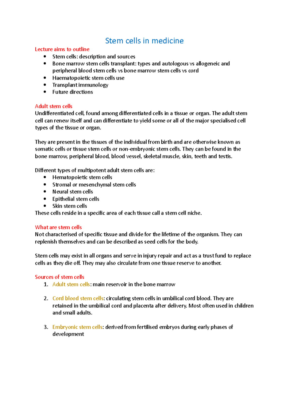 11 Haematology of stem cells - Stem cells in medicine Lecture aims to ...
