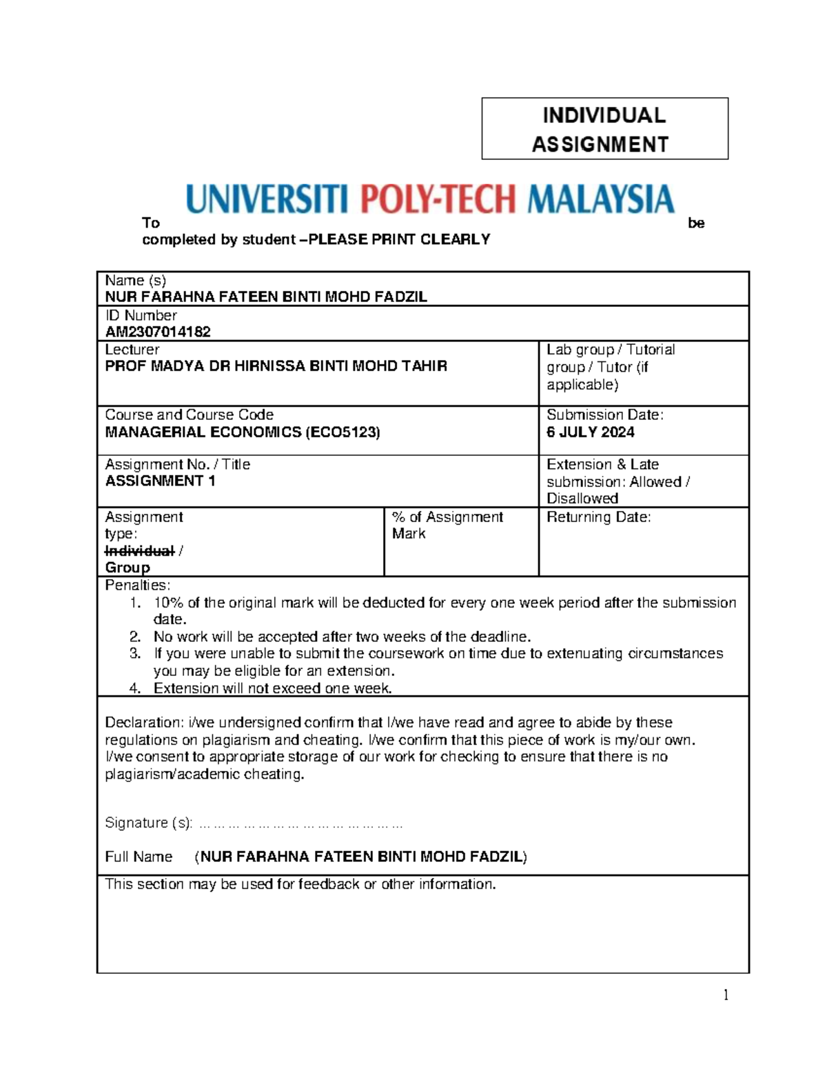 Farahna Fateen Assignment 1 ECO5123 - To be completed by student ...