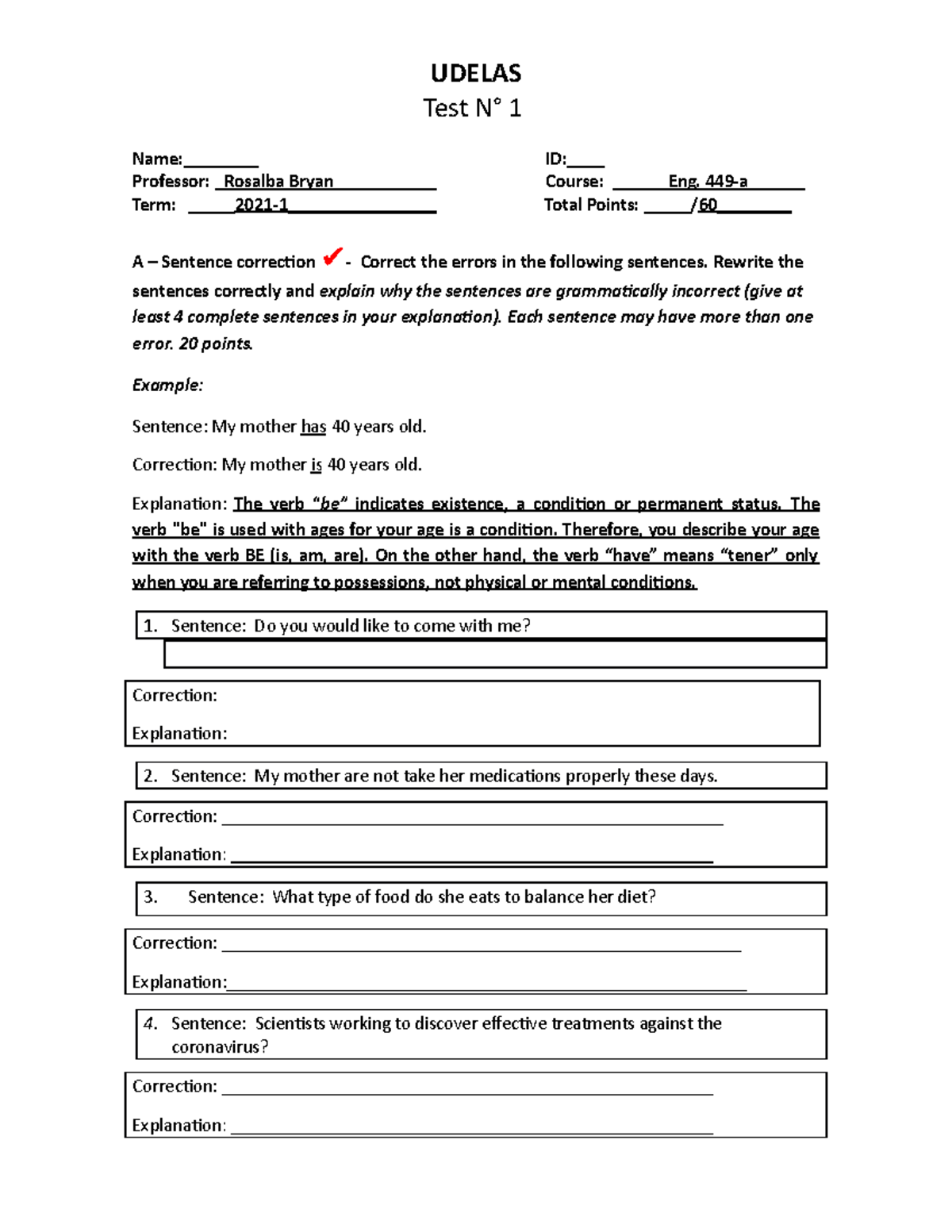 - test # 1 - bueno - UDELAS Test N° 1 Name:________ ID:____ Professor ...