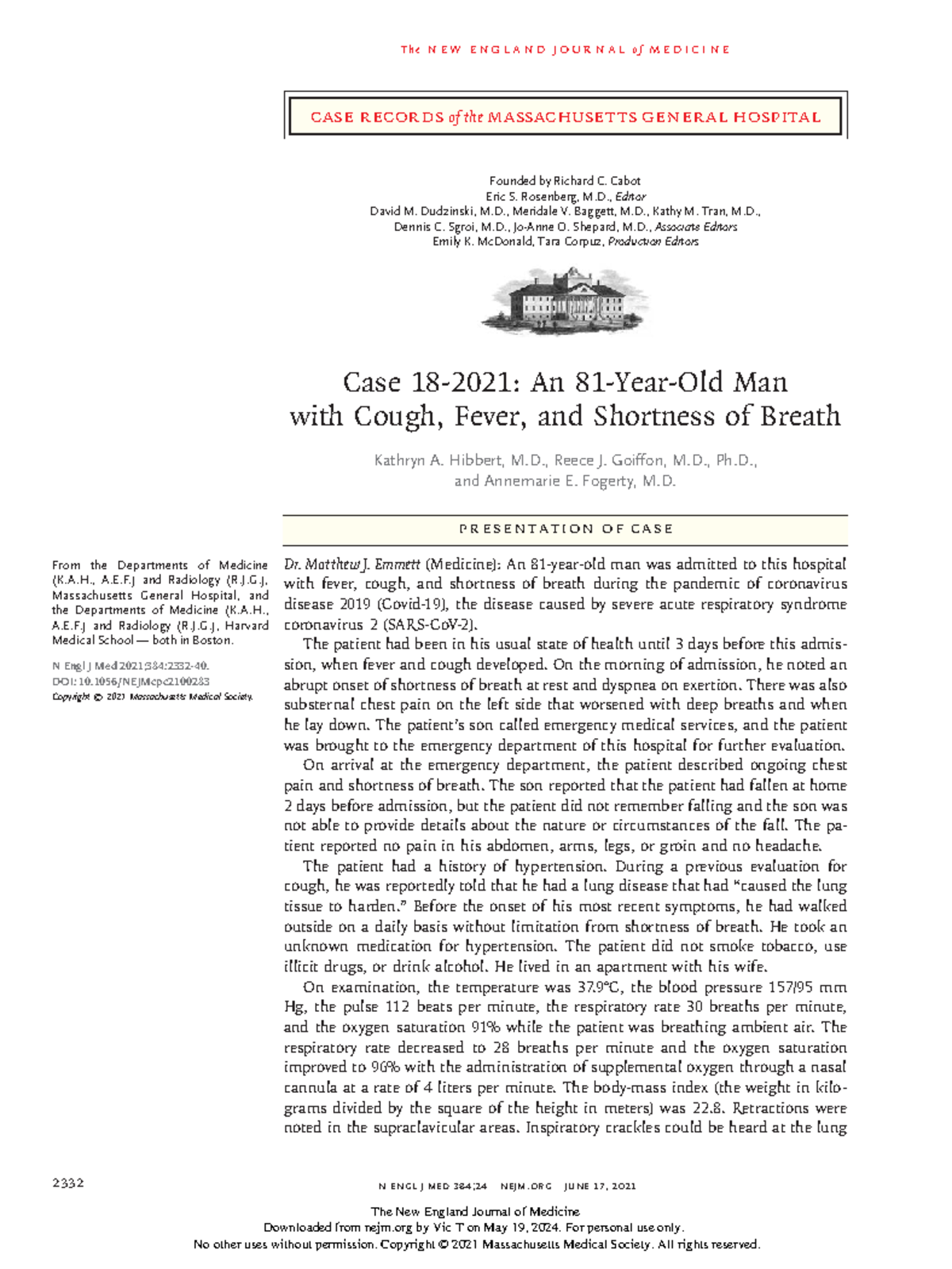 2021 NEJM Case 18-2021 pneumonia covid - A100 - NUS - Studocu