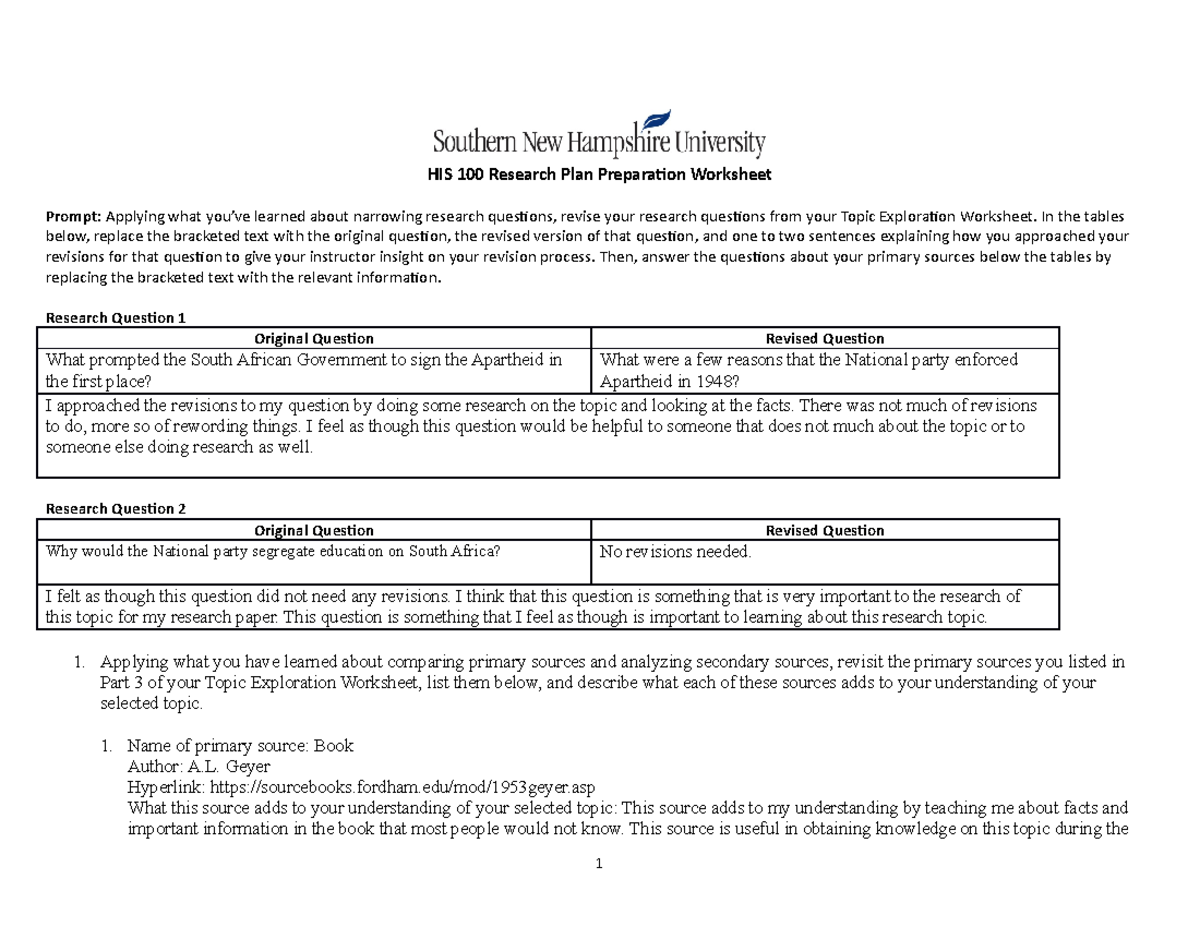 HIS 100 Research Plan Preparation Worksheet 1126 - HIS 100 Research ...