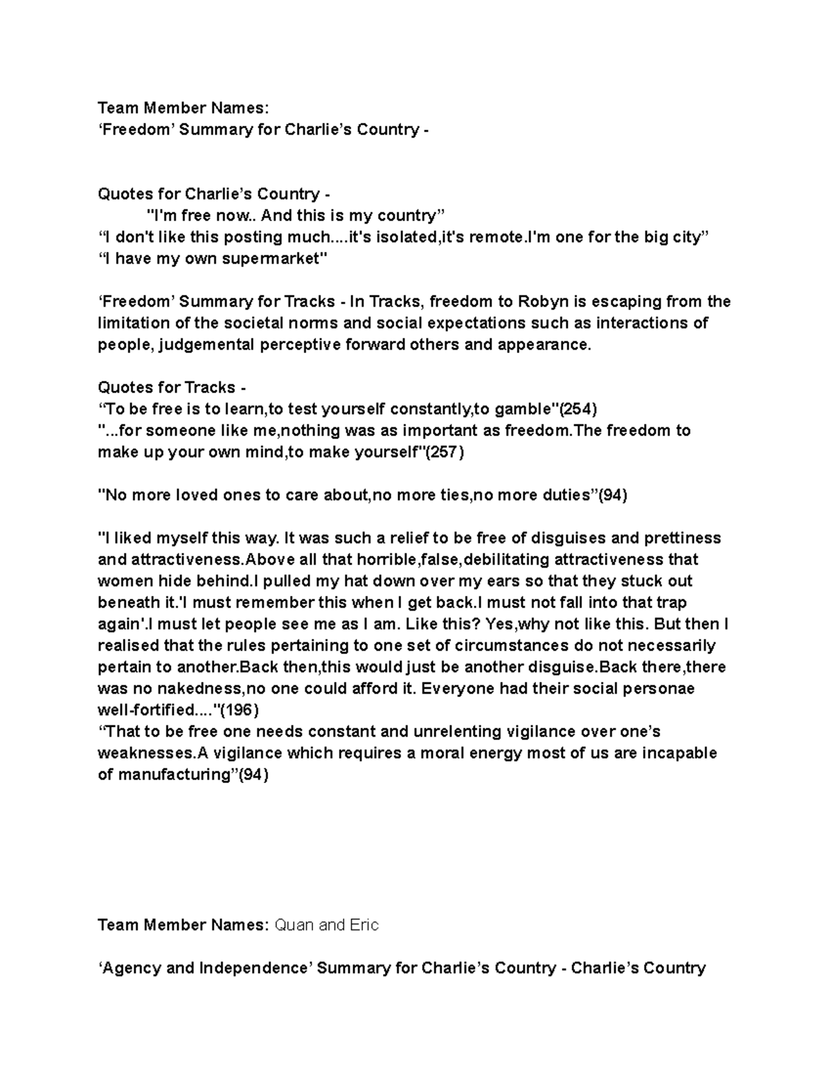 Tracks and Charlie's Country Quotes - Team Member Names: ‘Freedom ...