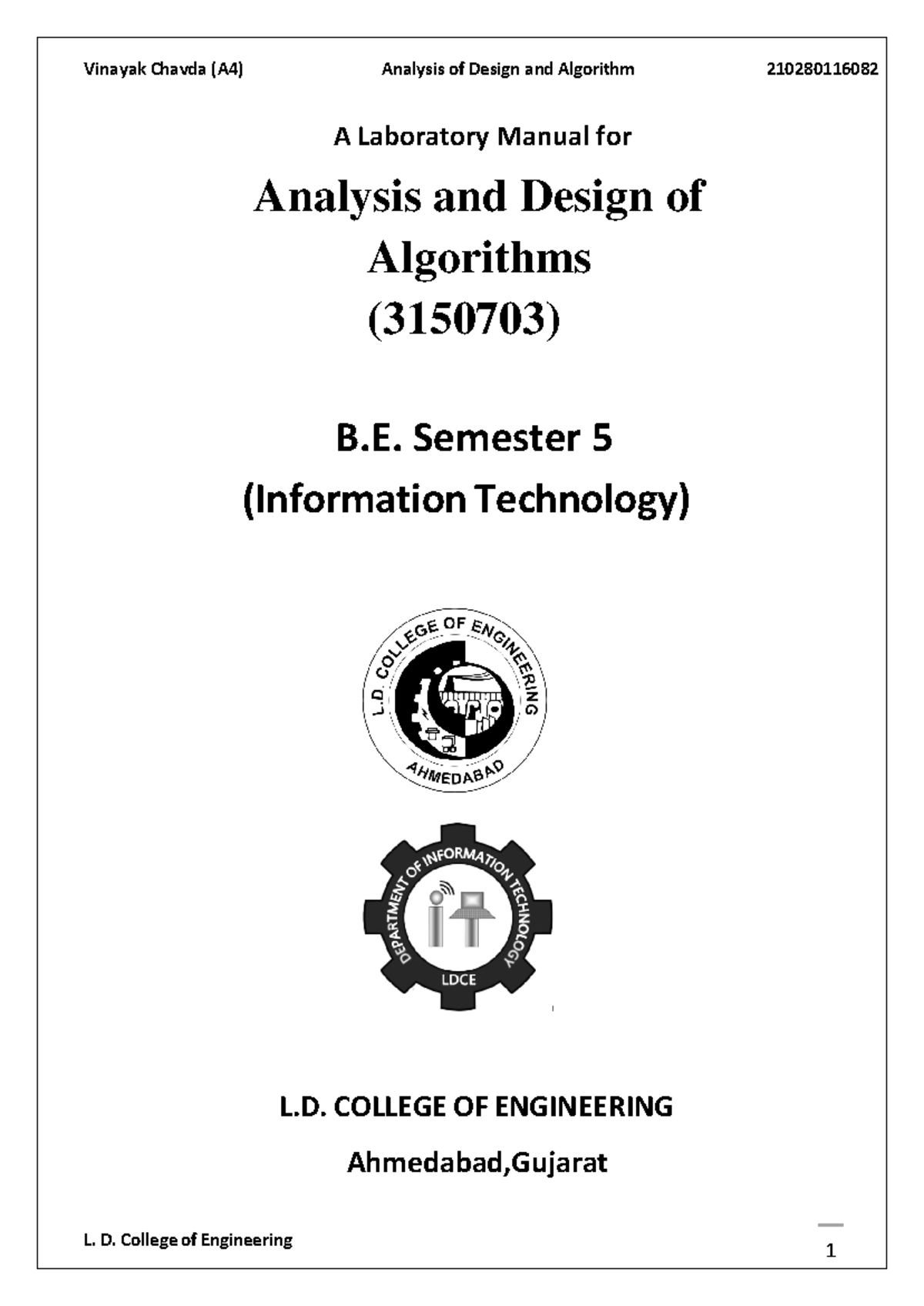 210280116129 ADA - It is practical of ADA subject. - L. D. College of Engineering A Laboratory ...