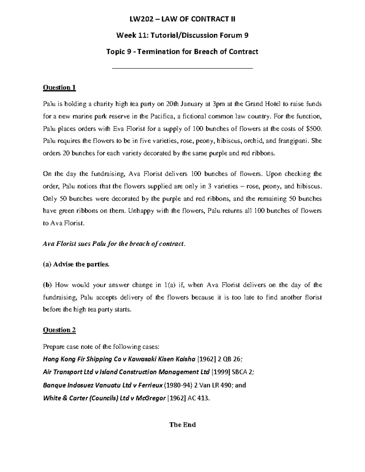 LW202 - Tutorial 9 (Week 11) [2024] - LW202 – LAW OF CONTRACT II Week 11: Tutorial/Discussion ...