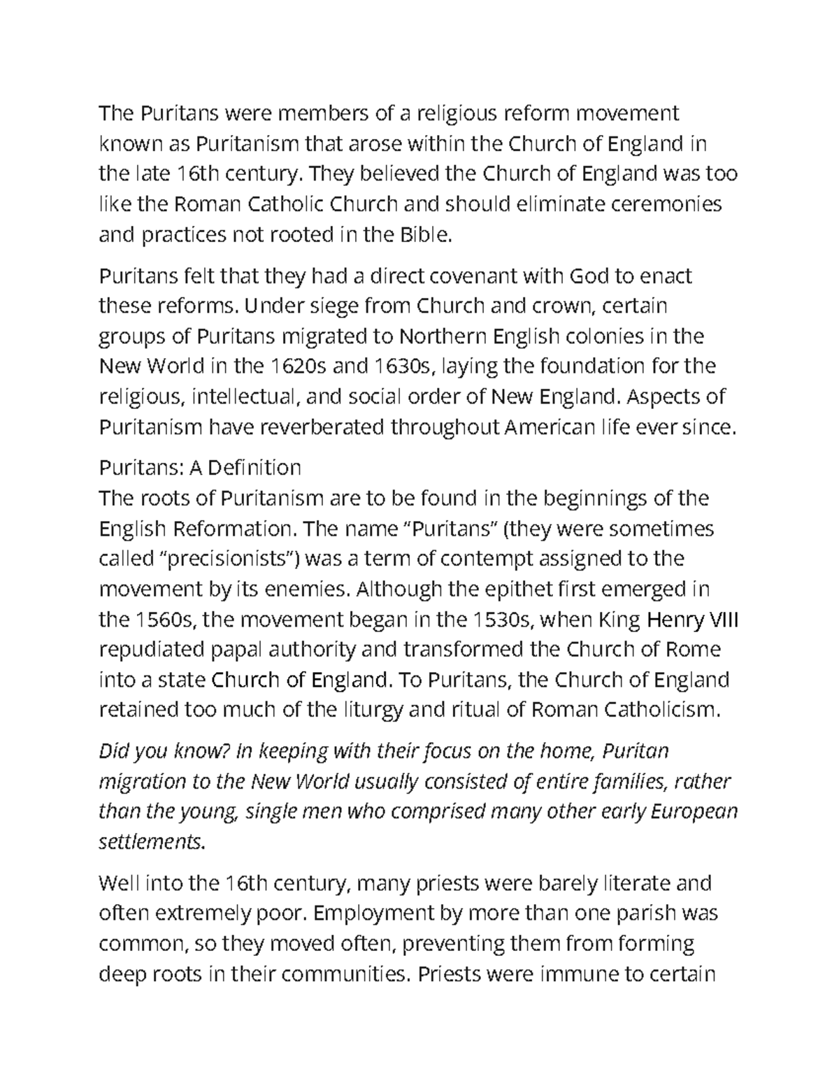 The Puritians Notes - The Puritans were members of a religious reform ...