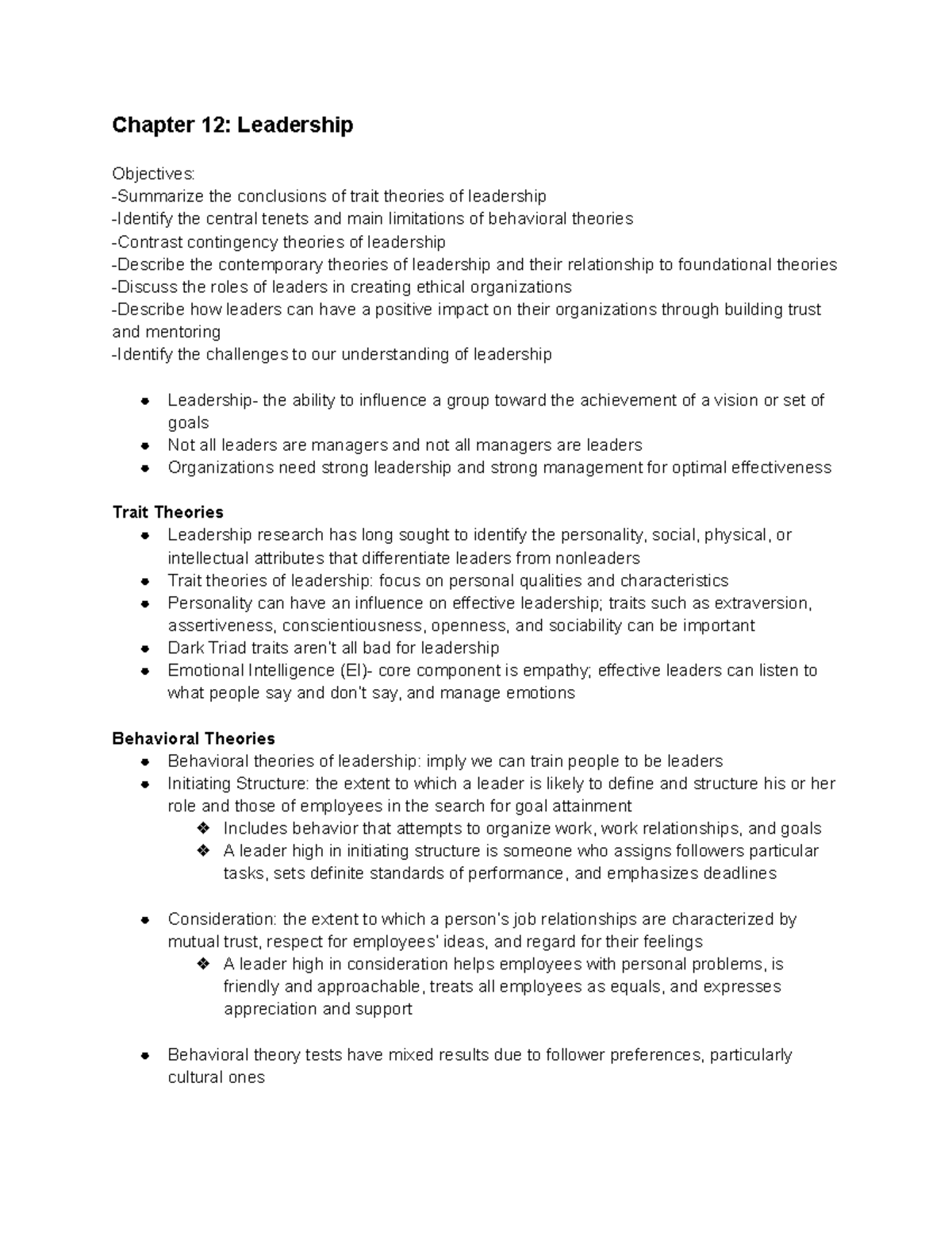 Chapter 12 Notes: Leadership - Chapter 12: Leadership Objectives ...