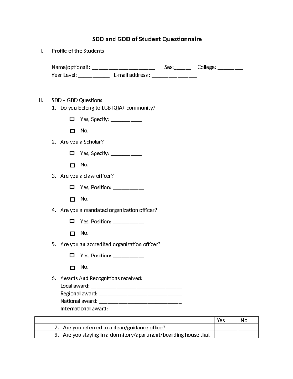 SDD and GDD of Student Questionnaire - Profile of the Students Name ...