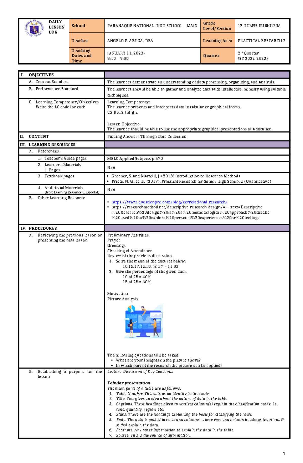 DLP for COT 1 SY 2022 2023 - DAILY LESSON LOG School PARANAQUE NATIONAL HIGH SCHOOL – MAIN Grade ...