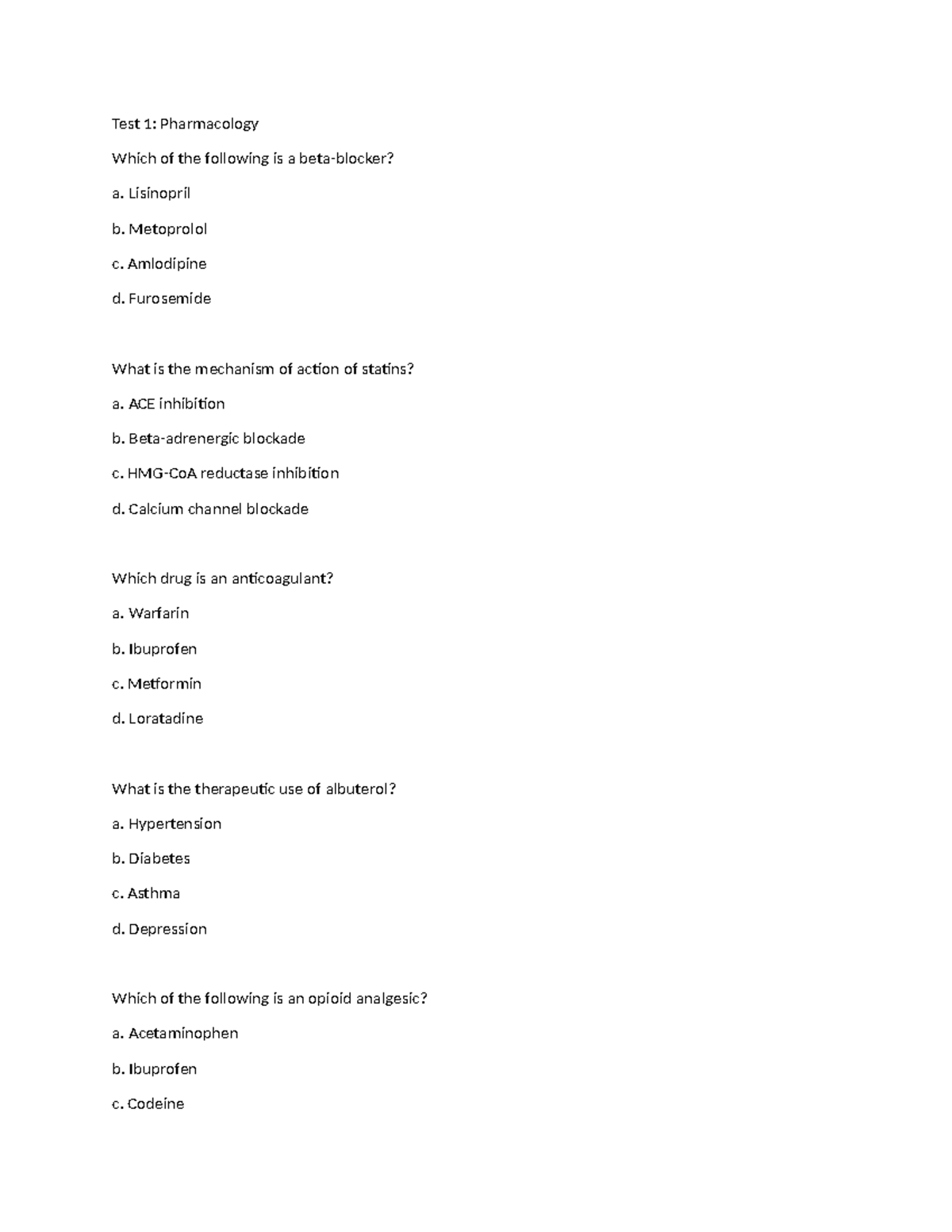 Pharmacology 1 - Practice Test 10 items each - Test 1: Pharmacology ...