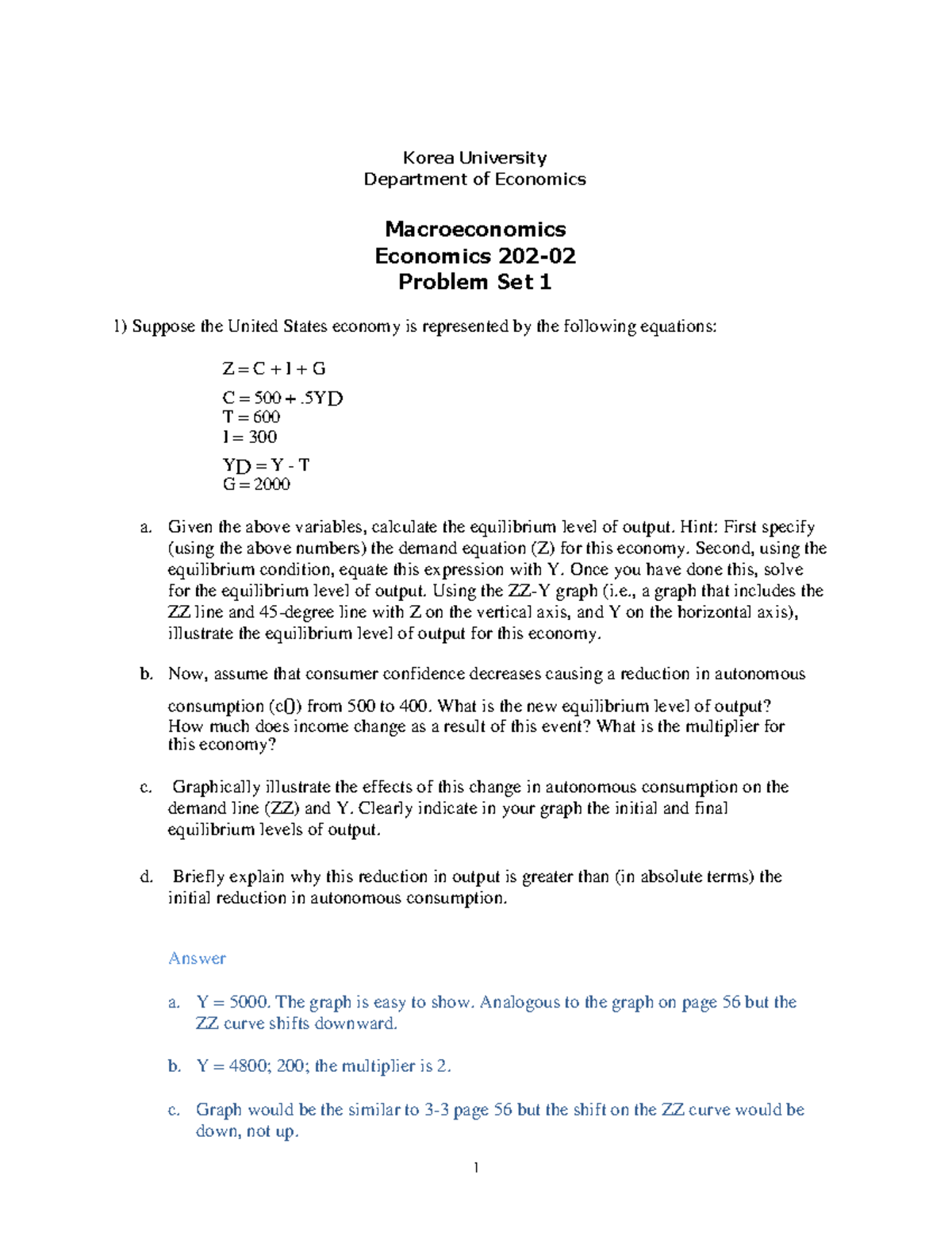 Econ 202 02 In Class Assignment 1 Answers - Korea University Department ...