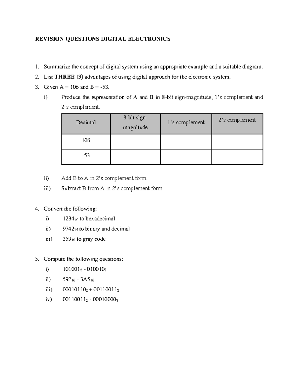 Revision Question Digital Electronics March 2022 REVISION QUESTIONS