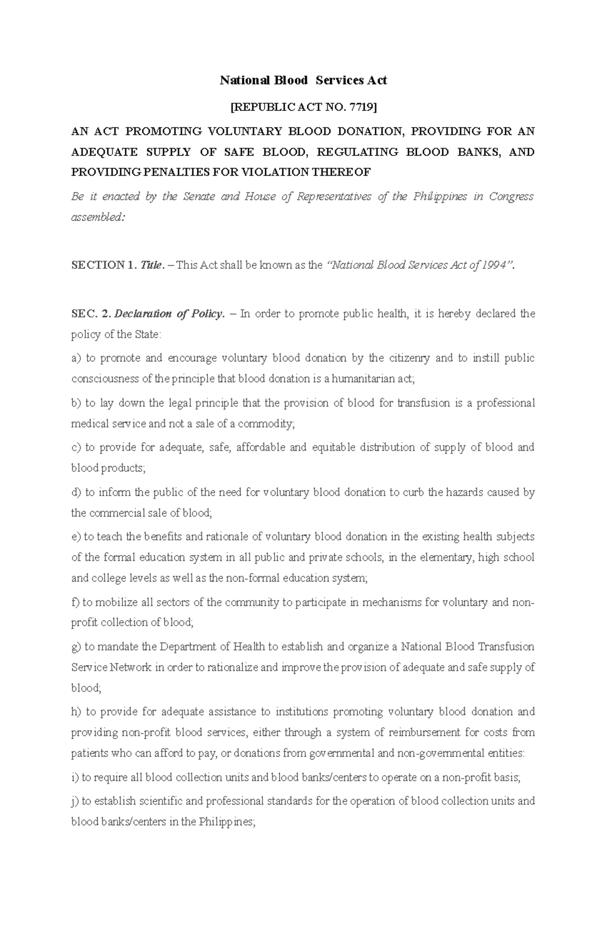 National Blood Services Act - National Blood Services Act [REPUBLIC ACT ...