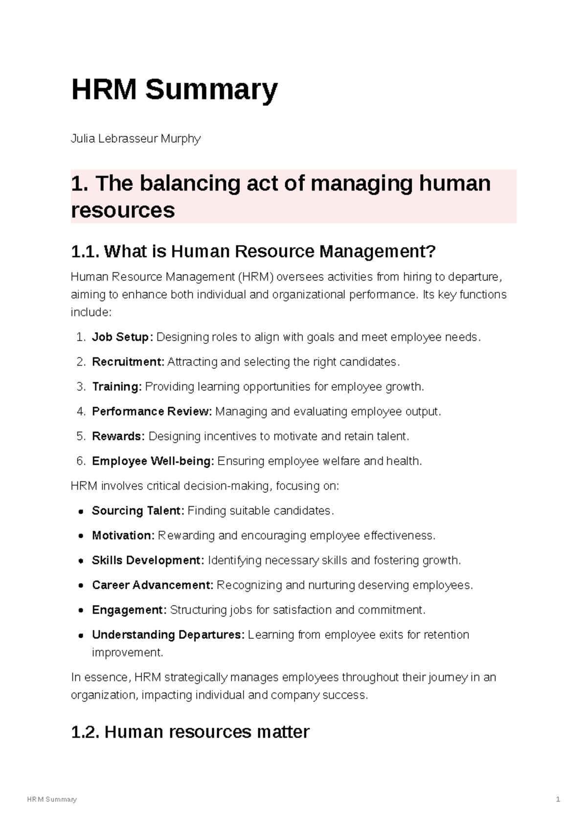 HRM Summary Syllabus 2023 - HRM Summary Julia Lebrasseur Murphy 1. The ...