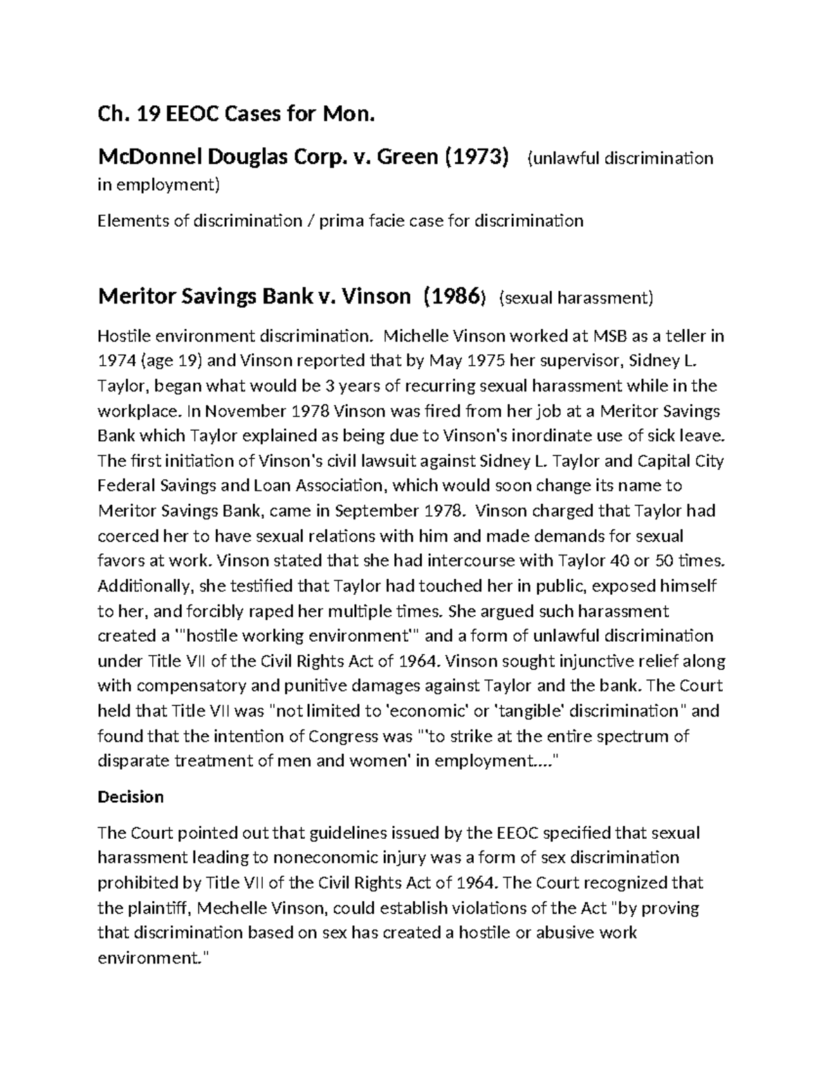Chapter 19 Cases EEOC - Ch. 19 EEOC Cases for Mon. McDonnel Douglas ...