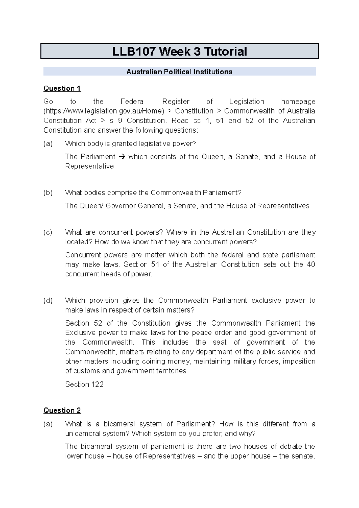 Week 3 Tutorial Australian Political Institutions - LLB107 Week 3 ...