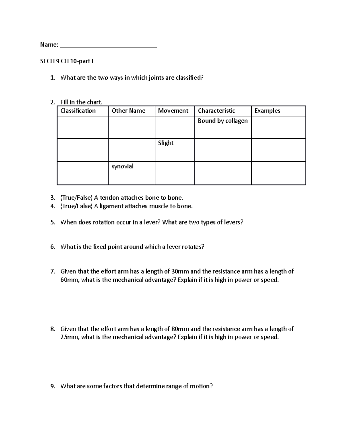 Si ch 9 and 10 part 1 - chapter 9 and 10 practice worksheet - Name