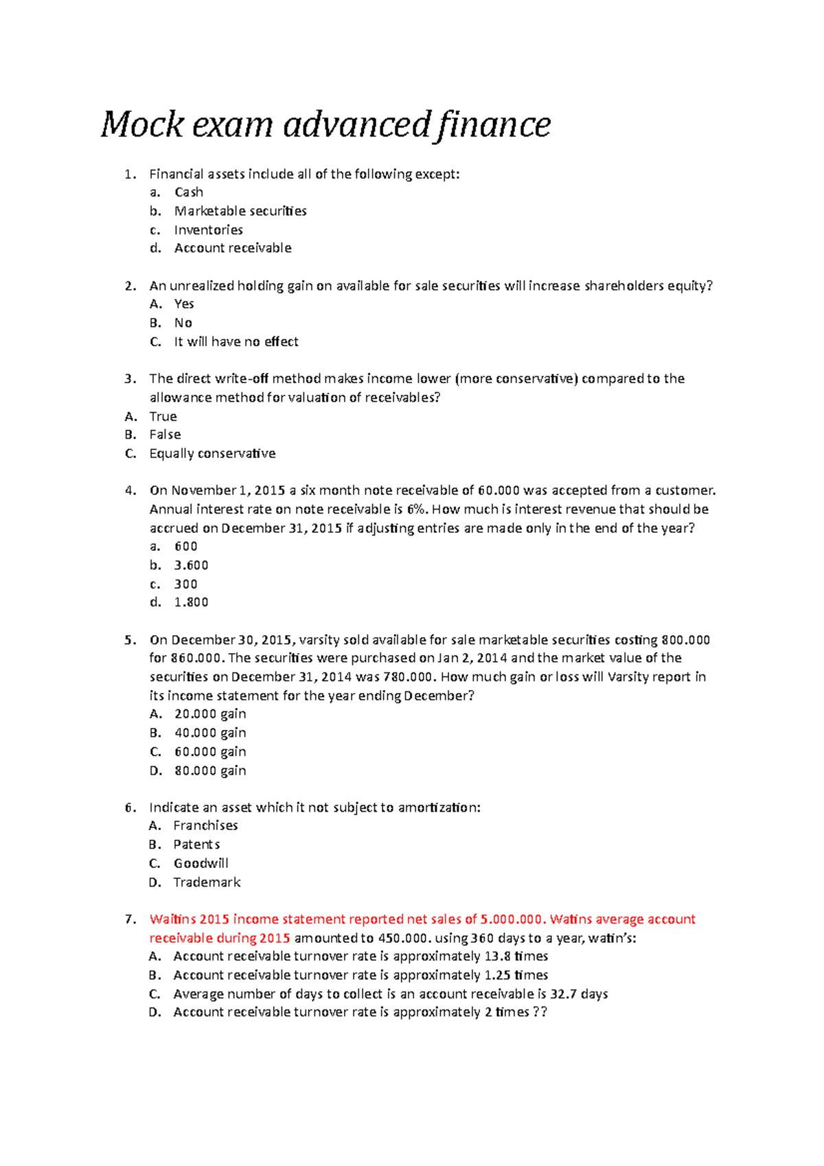 Mock exam advanced finance - Mock exam advanced finance Financial ...