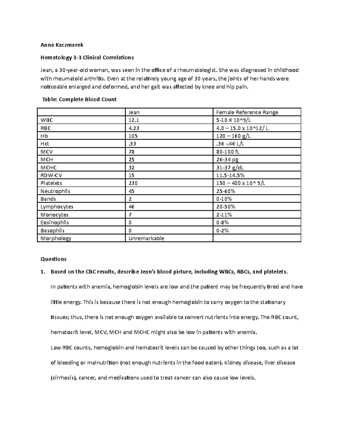 HEME 3-3 - Assignments - Anna Kaczmarek Hematology 3-3 Clinical ...