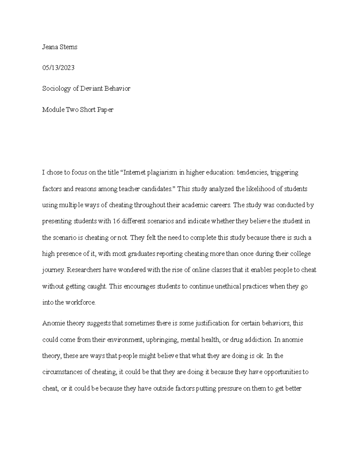 Deviant Behavior Mod 2 Short Paper - Jeana Sterns 05/13/ Sociology of Deviant Behavior Module ...