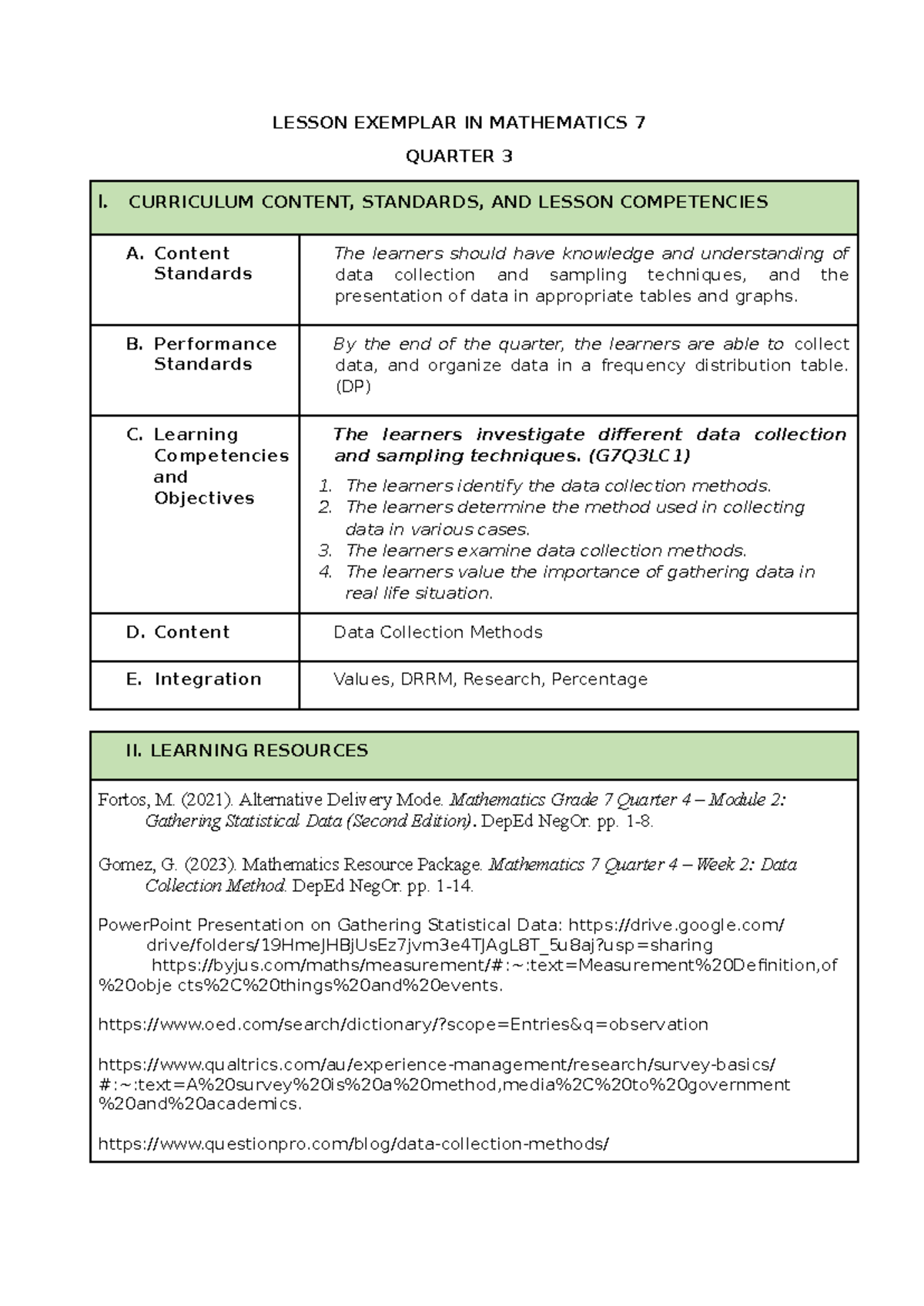 Mathematics 7 Lesson Exemplar - LESSON EXEMPLAR IN MATHEMATICS 7 QUARTER 3 I. CURRICULUM CONTENT ...
