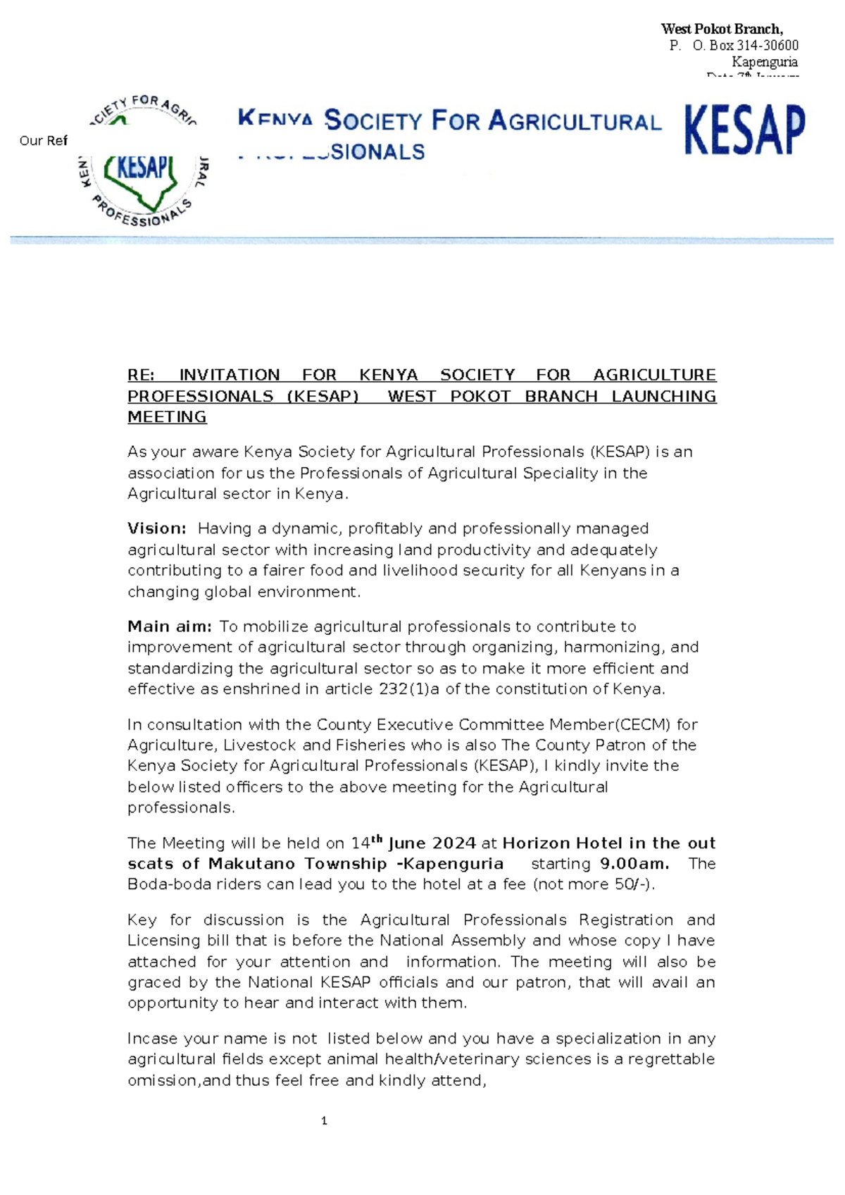 Kesap West Pokot Branch - RE: INVITATION FOR KENYA SOCIETY FOR ...