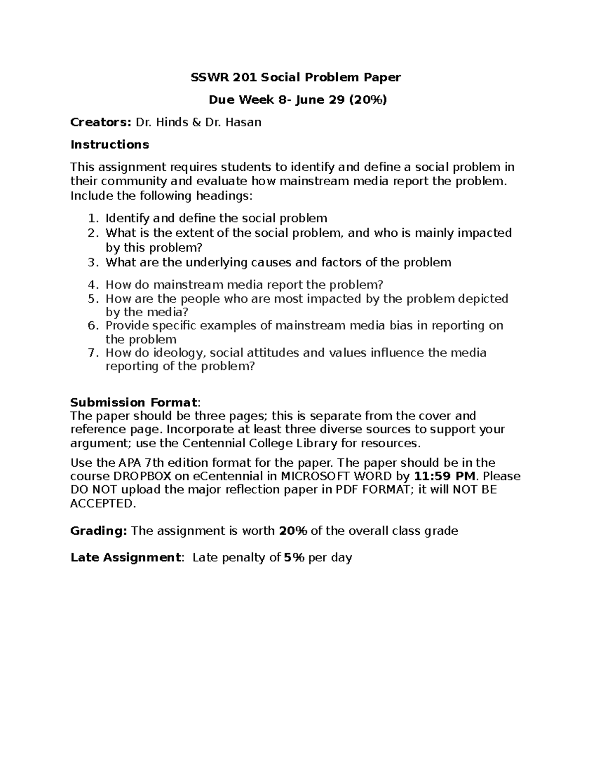 SSWR 201 Social Problem Paper - SSWR 201 Social Problem Paper Due Week ...