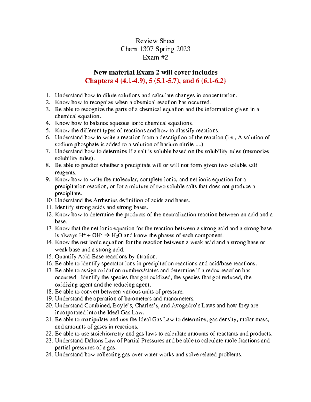 Review Exam2 1307 S2023 Rev - Review Sheet Chem 1307 Spring 2023 Exam ...