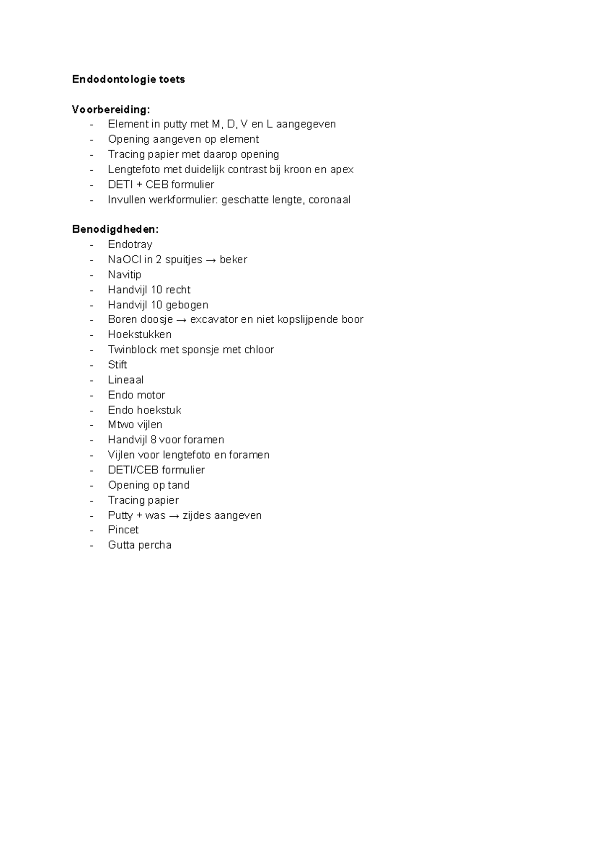 ENDO Toets prekliniek - Endodontologie toets Voorbereiding: - Element ...